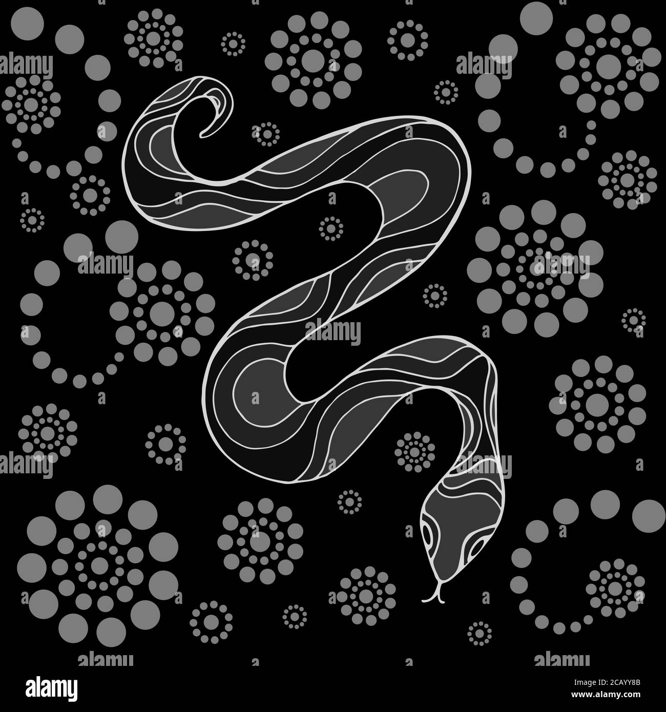 Wriggling snake with monochrome color ornament, isolated on black ...