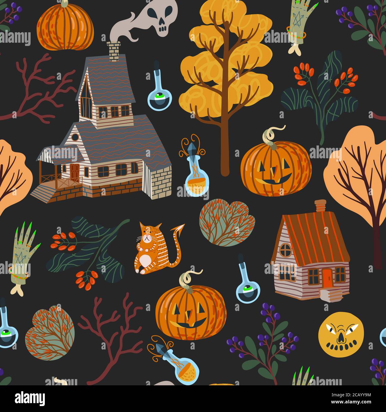 Seamless pattern with Halloween scary elements. Vector cartoon flat ...