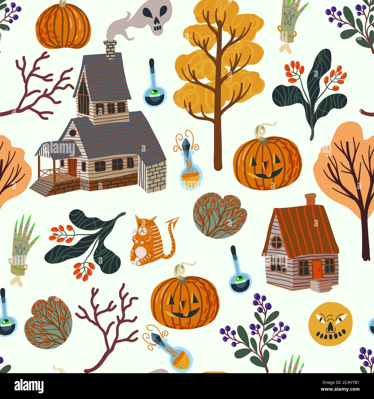 Seamless pattern with Halloween scary elements. Vector cartoon flat ...