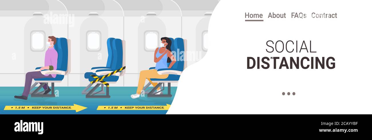 airplane passengers in protective masks keeping distance to prevent ...