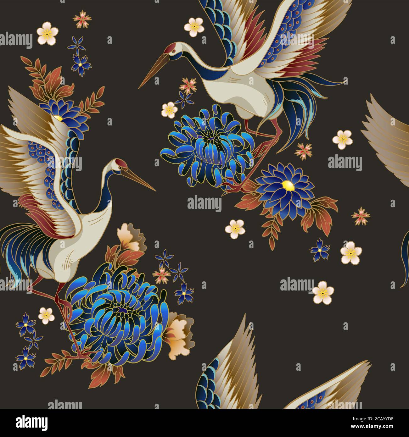 Seamless pattern with mandarin ducks, flowers and cranes. Vector Stock ...