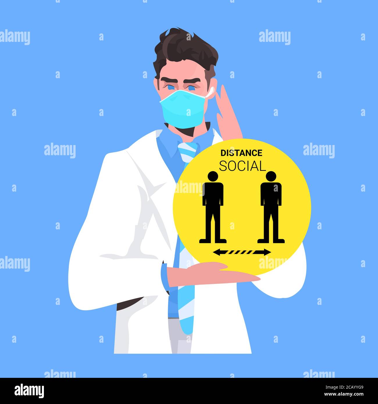 doctor in mask holding yellow round sign for social distancing ...