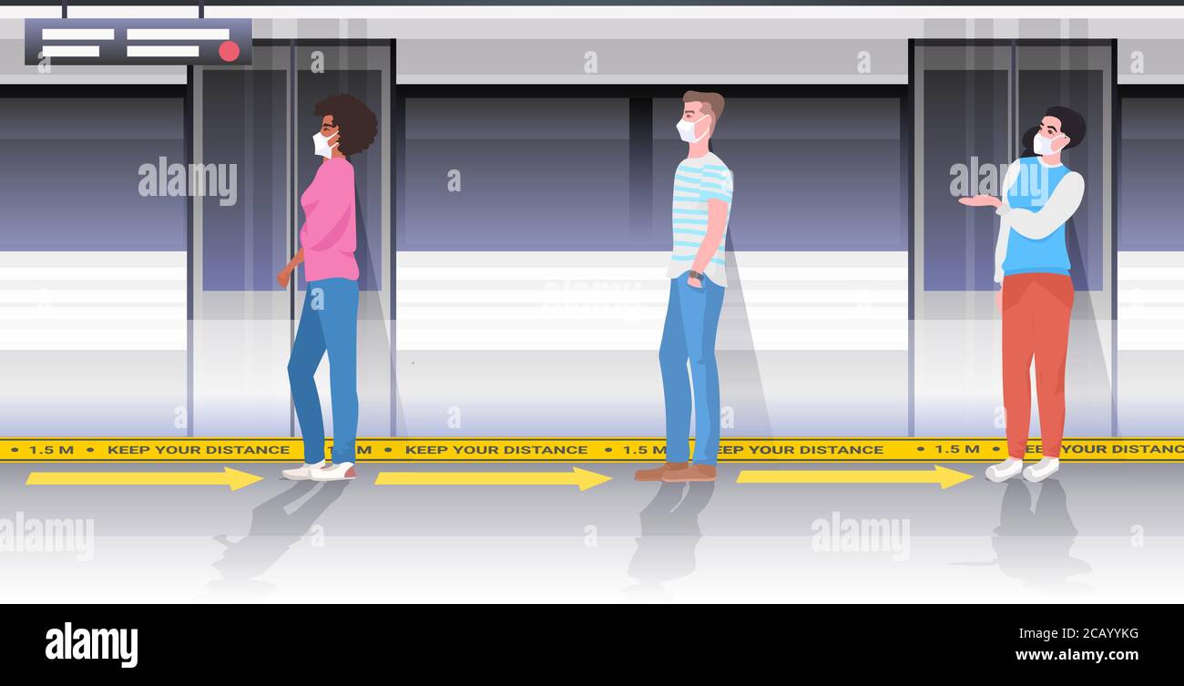 mix race subway passengers in protective masks keeping distance to ...