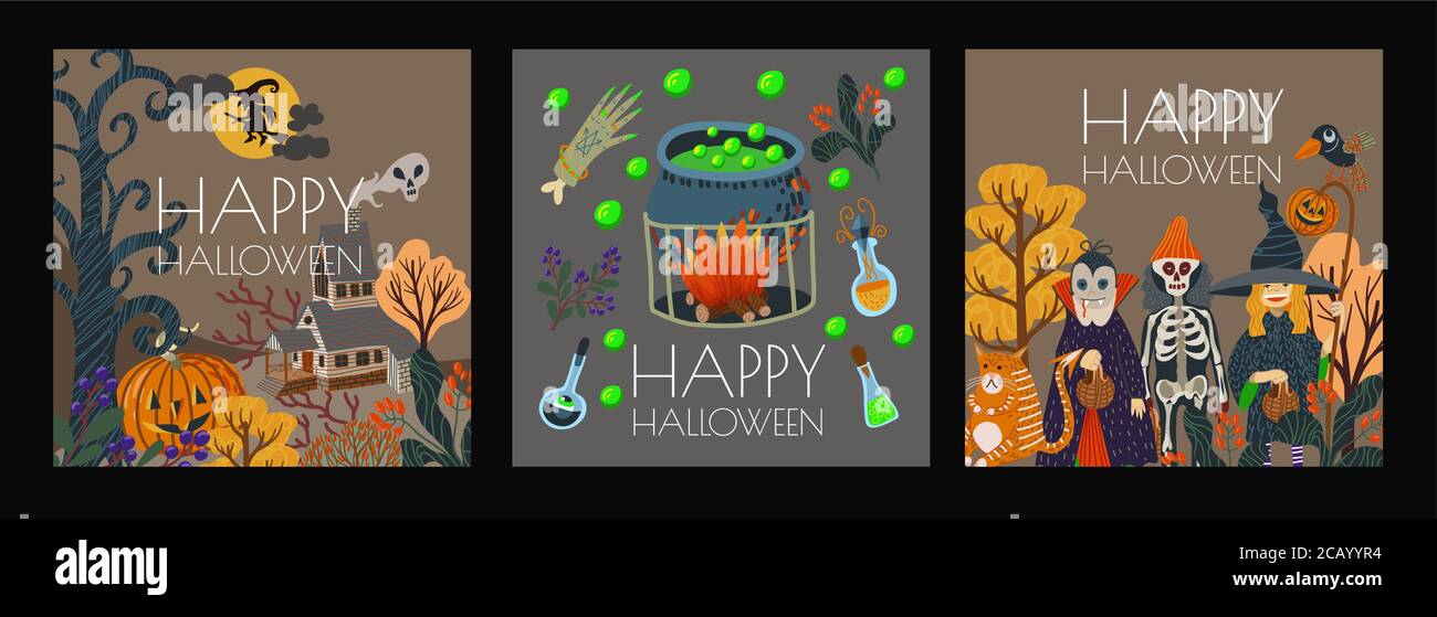 Set of Halloween banner or card with scary elements. Vector cartoon ...