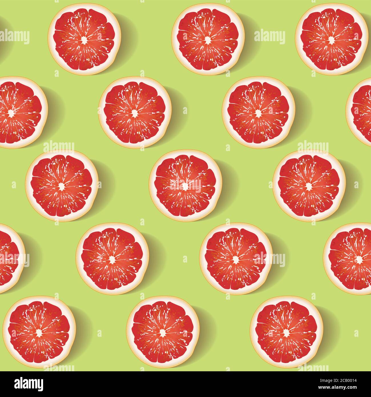 Seamless pattern with slices of red juicy grapefruit on a bright green ...