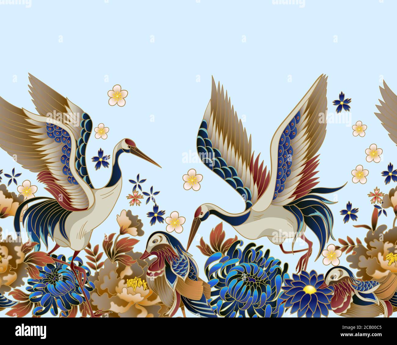 Border with mandarin ducks, flowers and cranes. Vector Stock Vector ...