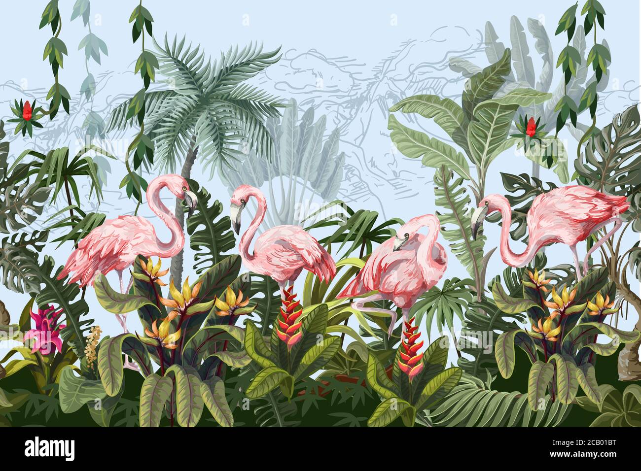 Border with pink flamingo in the jungle. Vector Stock Vector Image ...