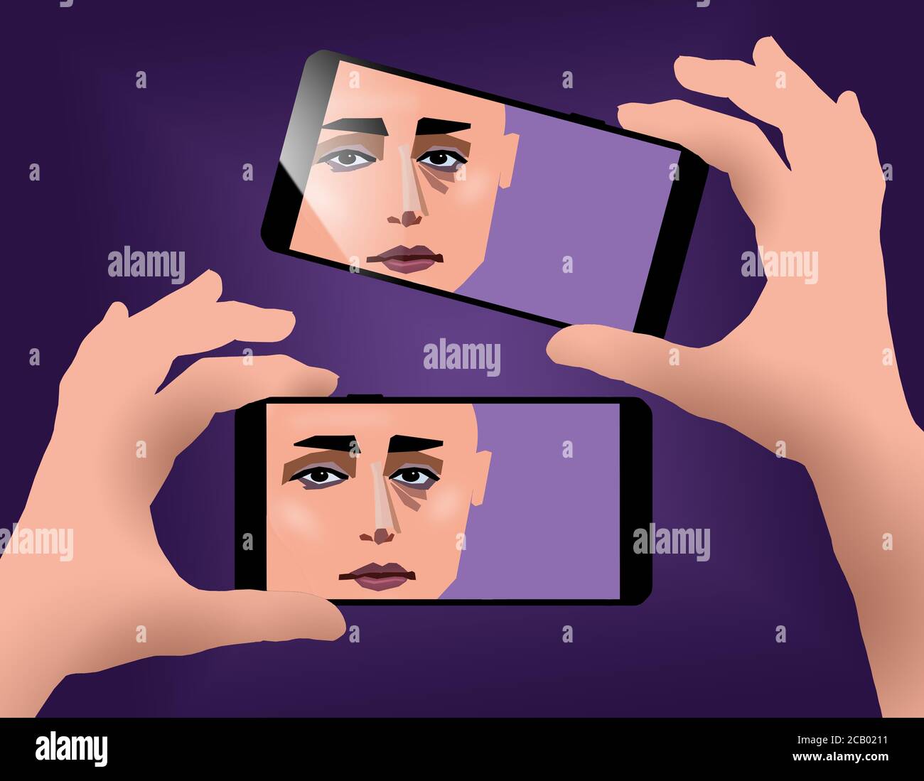 Silhouetted hands hold two cellular phones to make selfie photographs ...