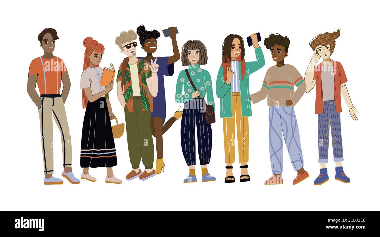 Young people, full-length students in various poses. Cute flat cartoon ...