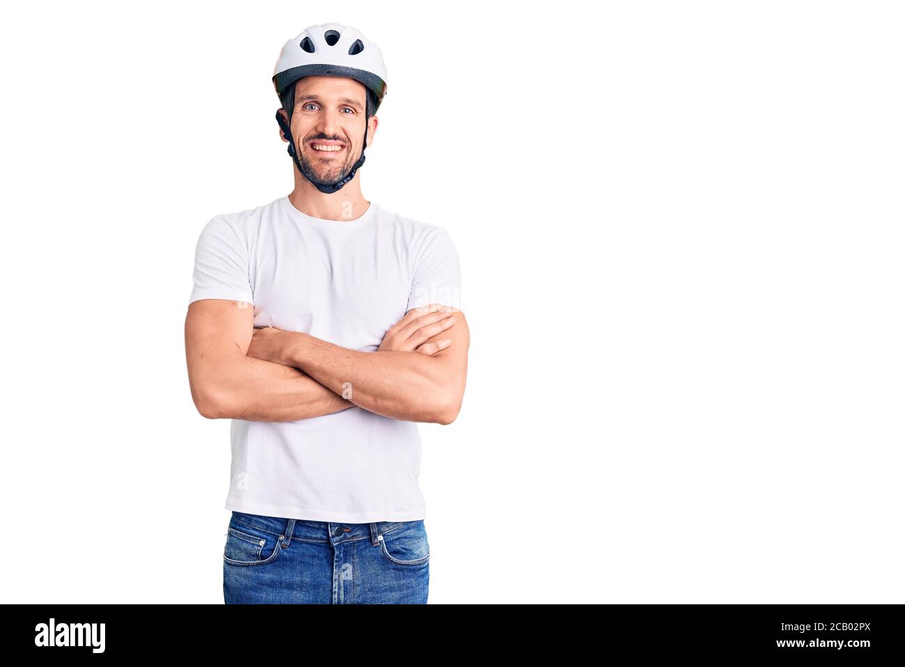 Young Handsome Man Wearing Bike Helmet Happy Face Smiling With Crossed