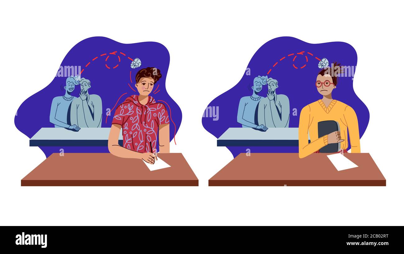 Bullying among students, young people laughing at their classmate ...