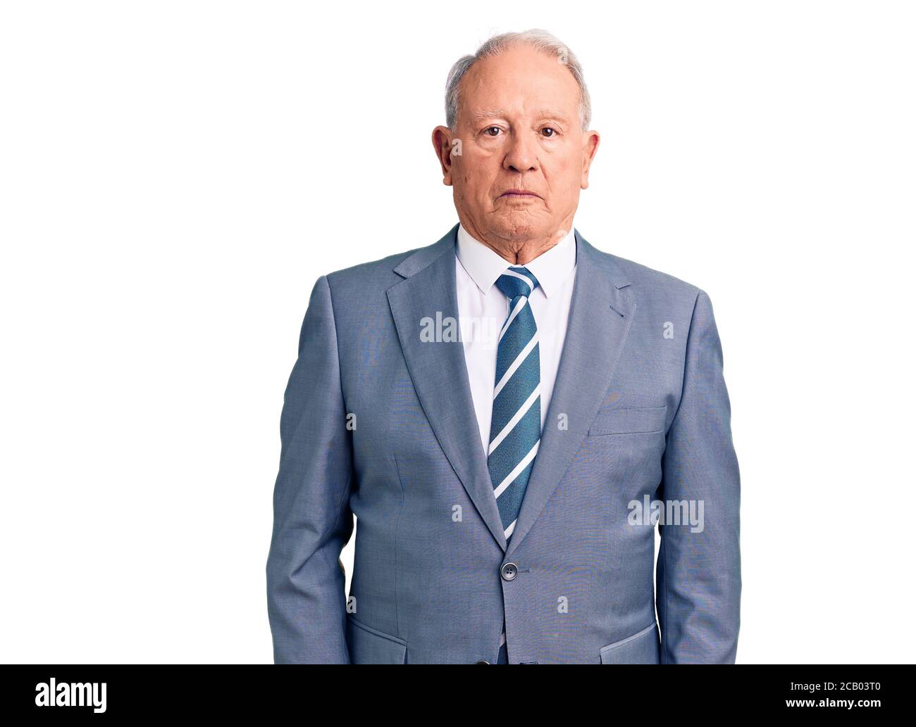 Senior handsome grey-haired man wearing elegant suit depressed and ...