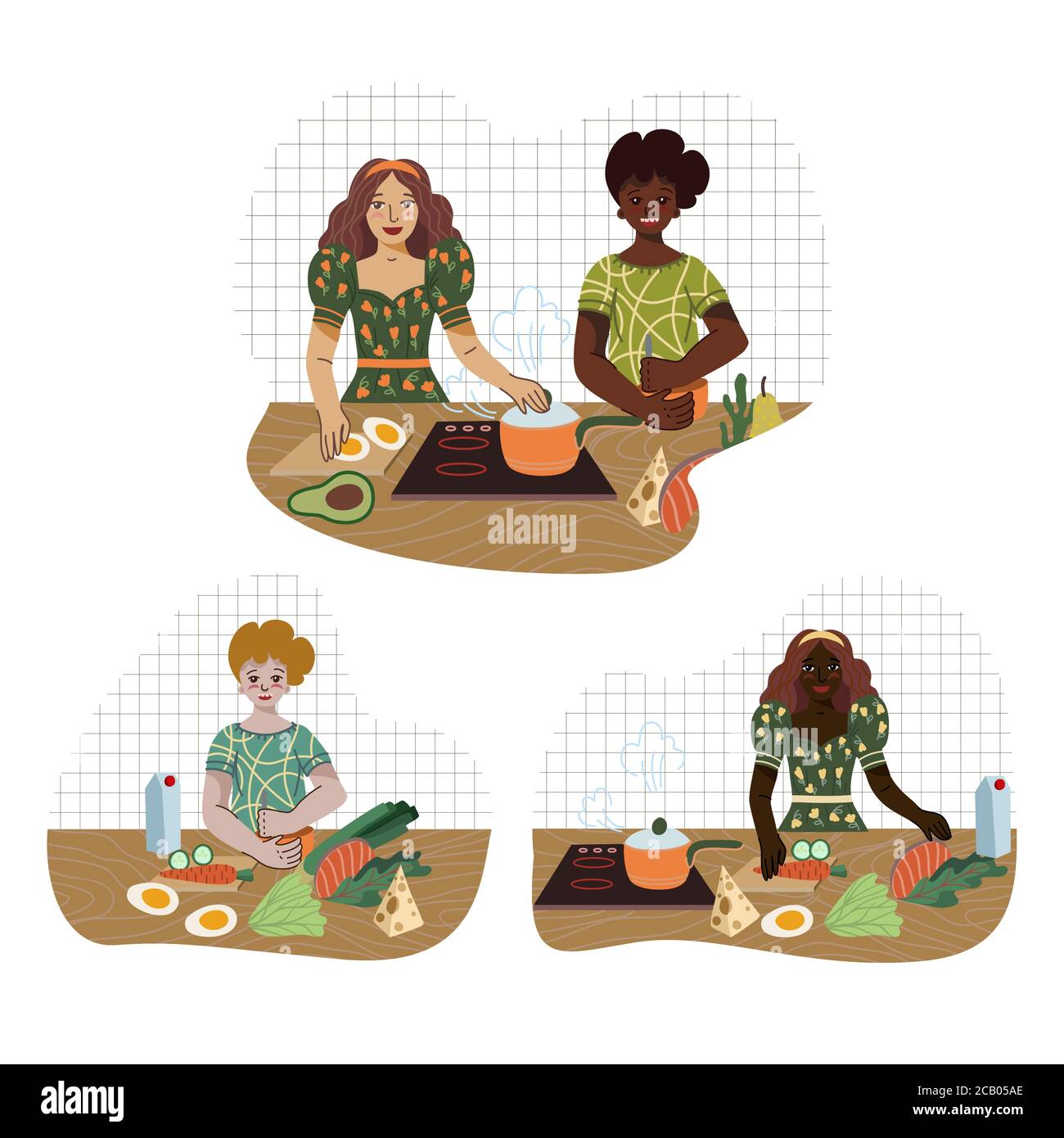 Young people prepare food in the kitchen from healthy products. Vector ...