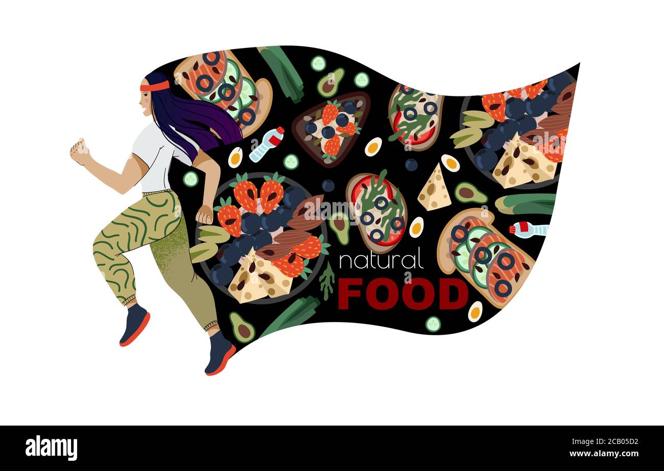 Banners or cards with healthy food and sport woman. Lifestyle for ...