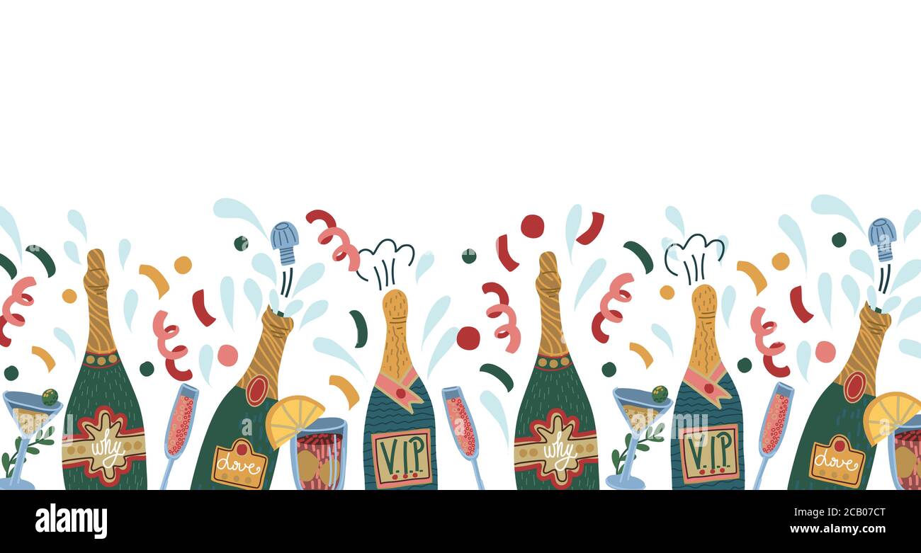 Border with bottles of champagne and glasses. Vector Stock Vector Image ...
