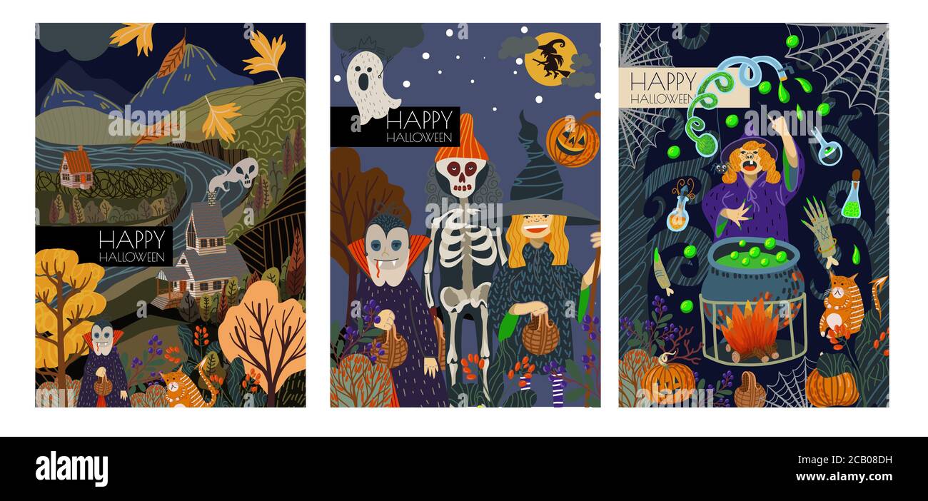 Set of Halloween banner or card with scary elements. Vector cartoon ...