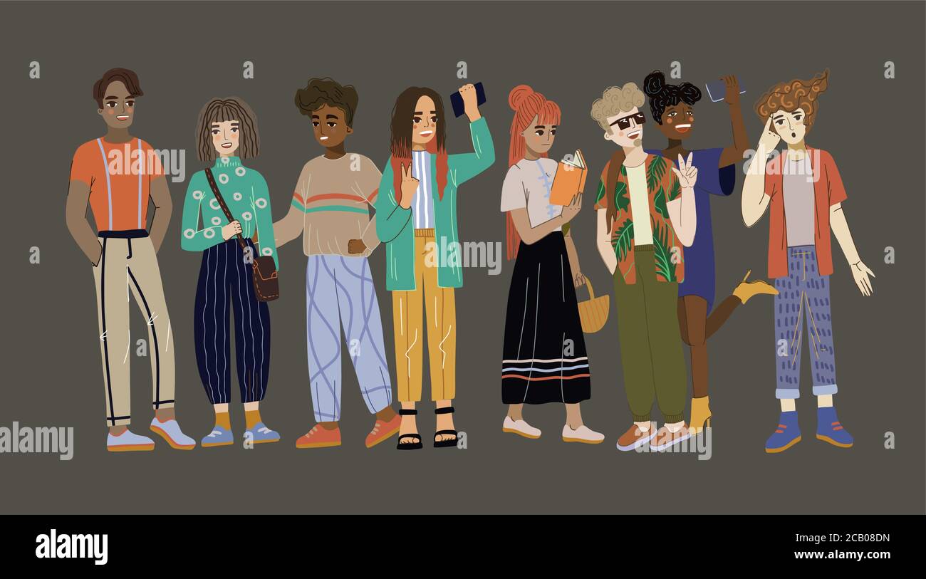 Young people, full-length students in various poses. Cute flat cartoon ...