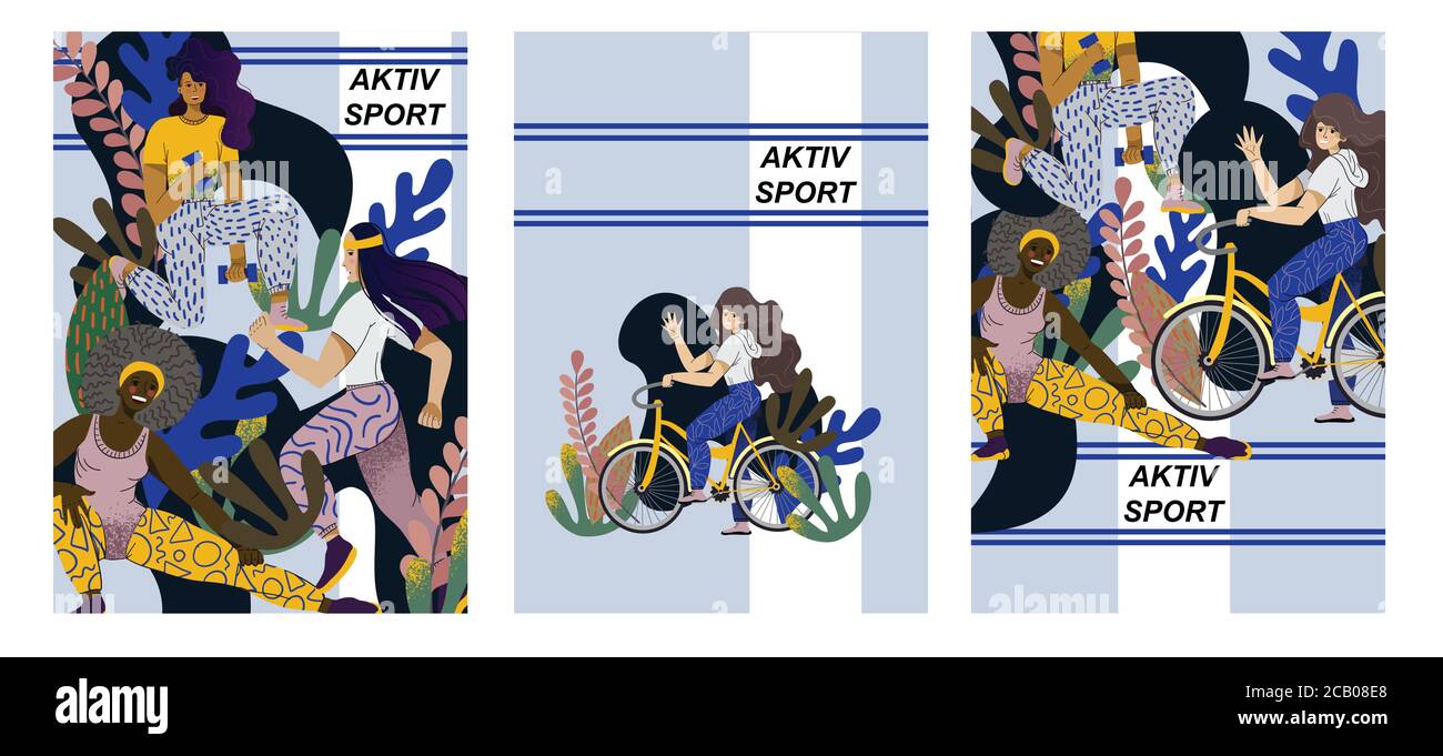 Active sports and fitness. Cycling, dumbbell exercises and jogging ...