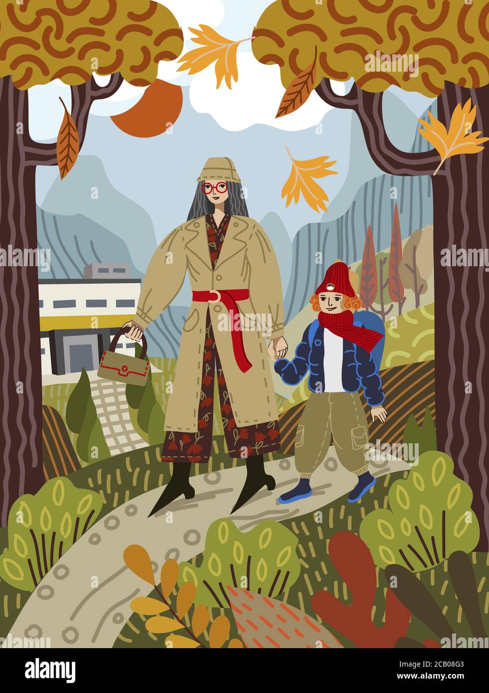 Mom leads her child to school on a path in the park. Vector cartoon ...