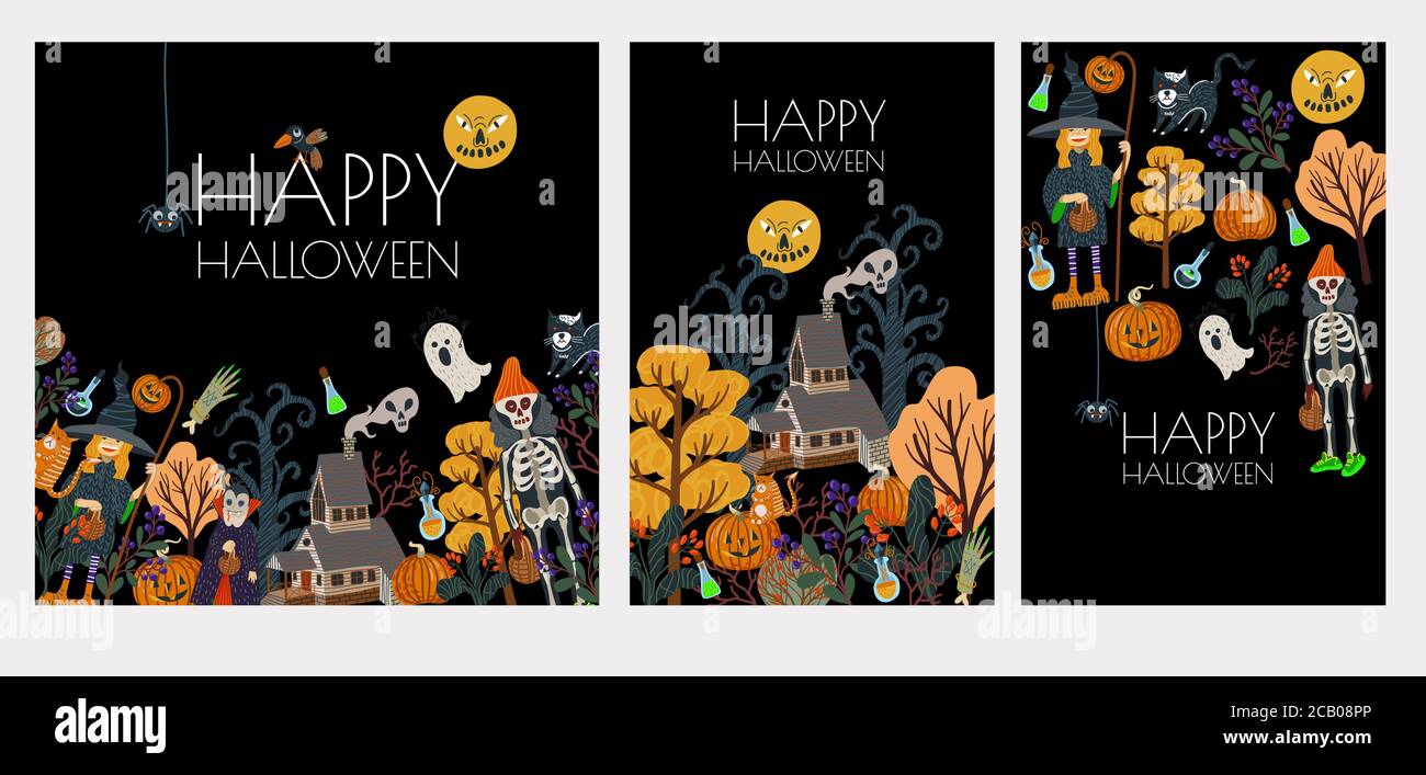 Set of Halloween banner or card with scary elements. Vector cartoon ...