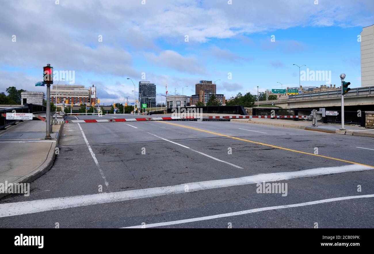 Lowered gate at entrance of Pretoria Bridge as it is about to be raised ...