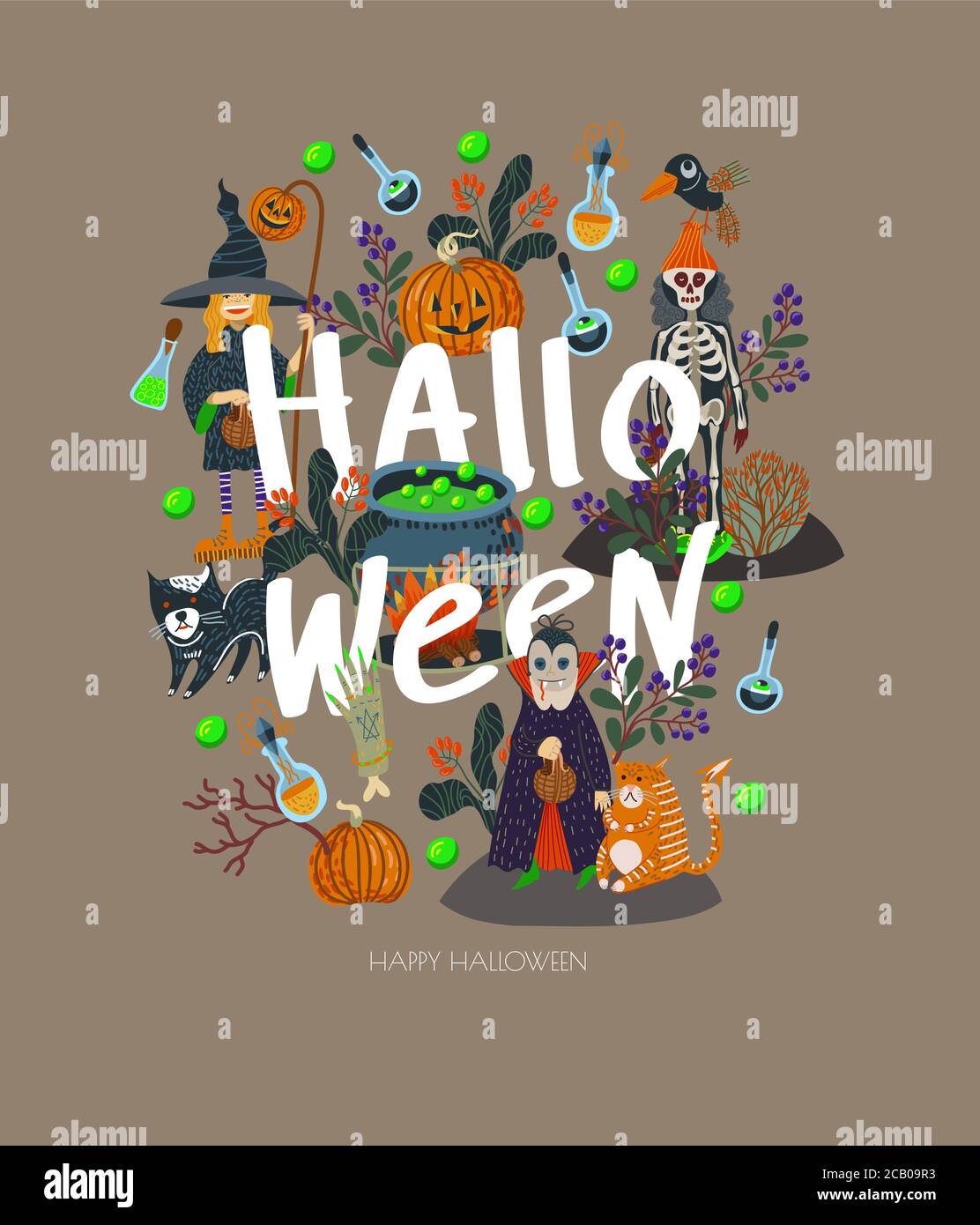 Halloween banner or card with scary elements. Vector cartoon flat ...