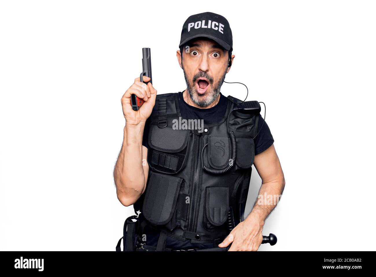 Middle age handsome policeman wearing police uniform and bulletproof ...