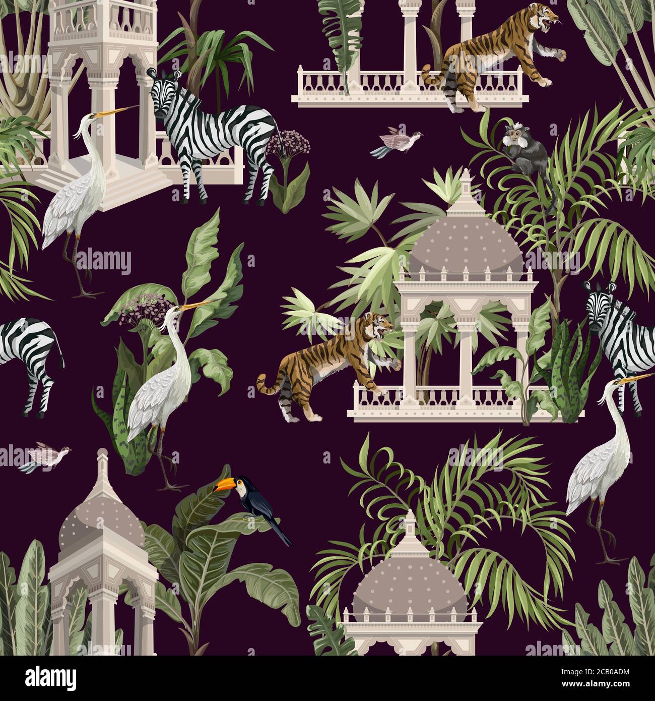 Seamless pattern with ancient arbor and wild animals in the jungle ...