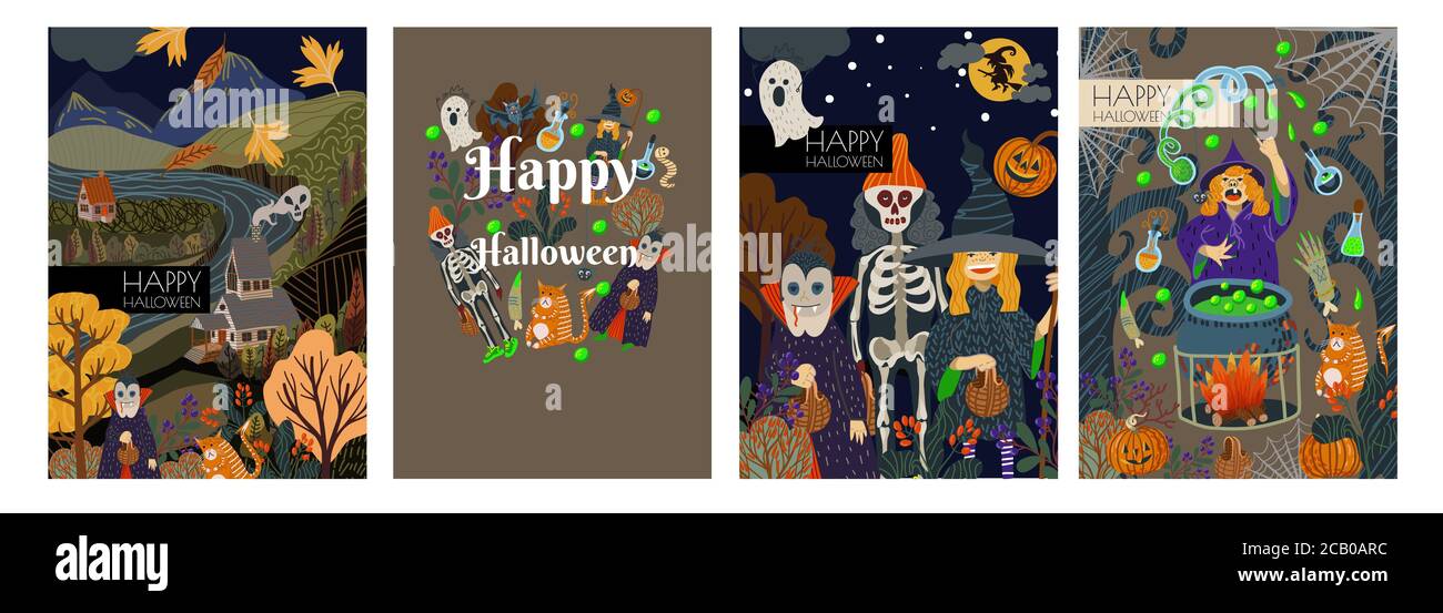 Set of Halloween banner or card with scary elements. Vector cartoon ...