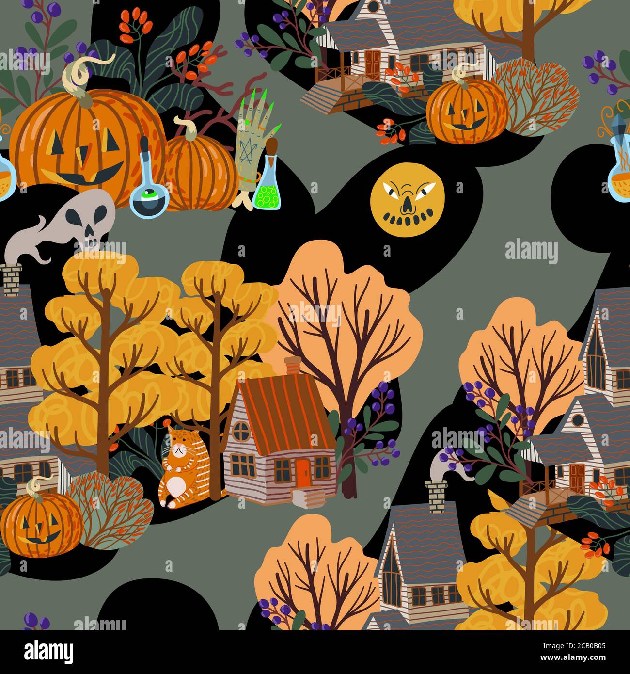 Seamless pattern with Halloween scary elements. Vector cartoon flat ...