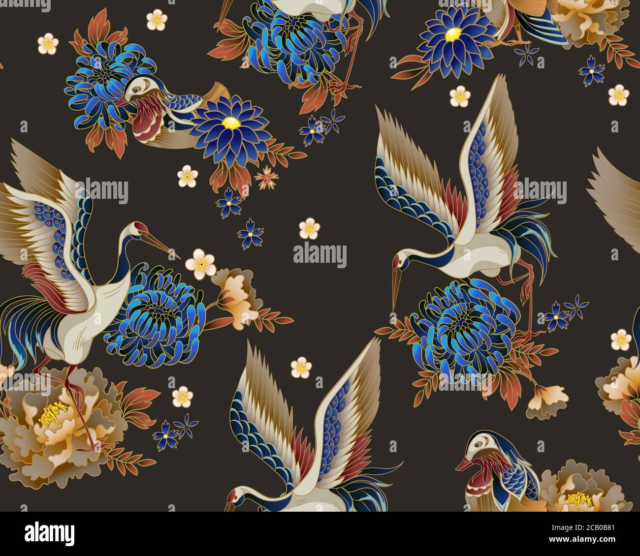 Seamless pattern with mandarin ducks, flowers and cranes. Vector Stock ...