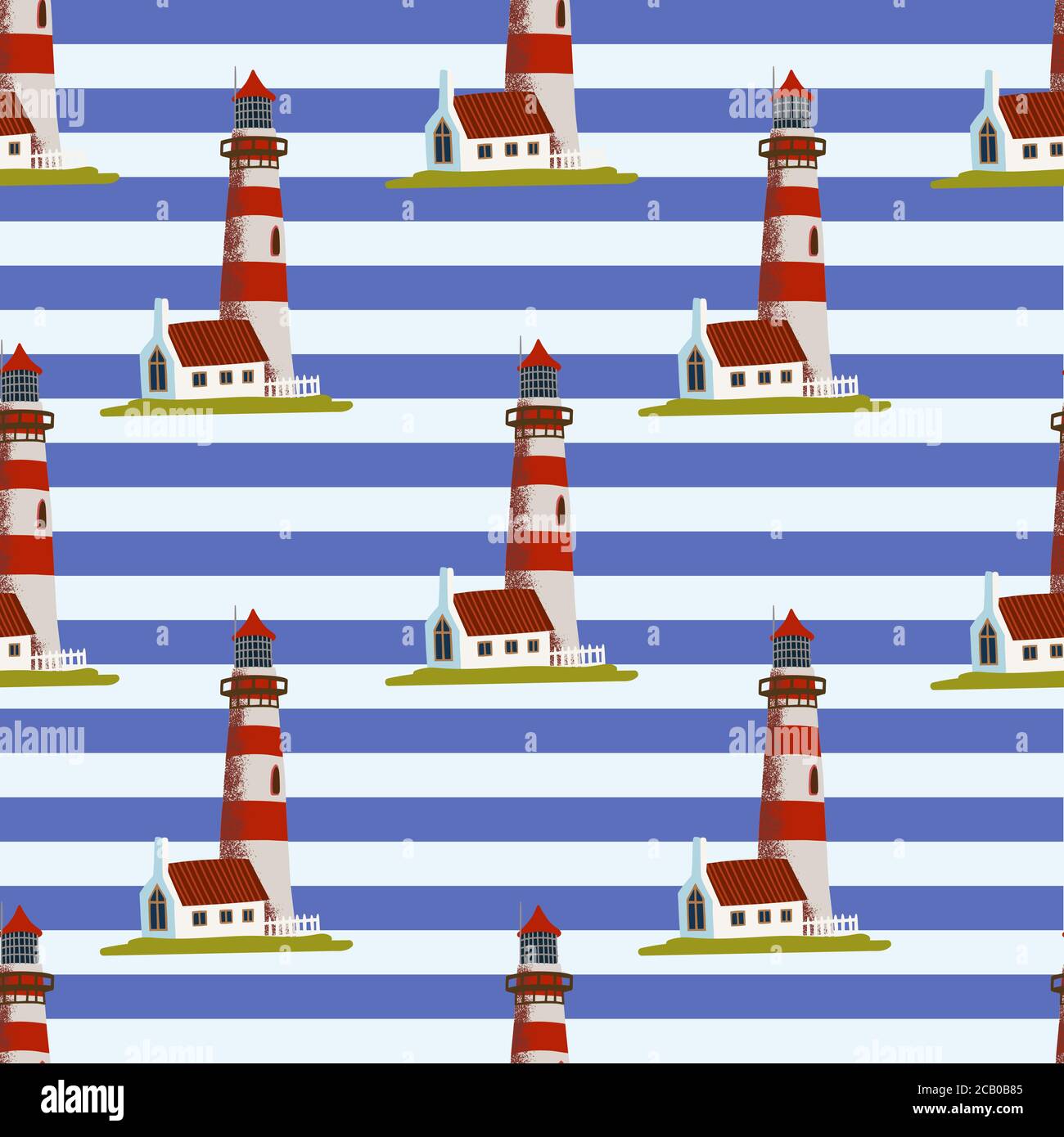 Sea lighthouse on a blue background with black horizontal stripes ...