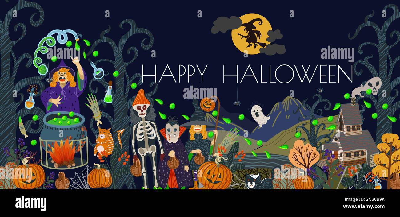 Halloween banner or card with scary elements. Vector cartoon flat ...