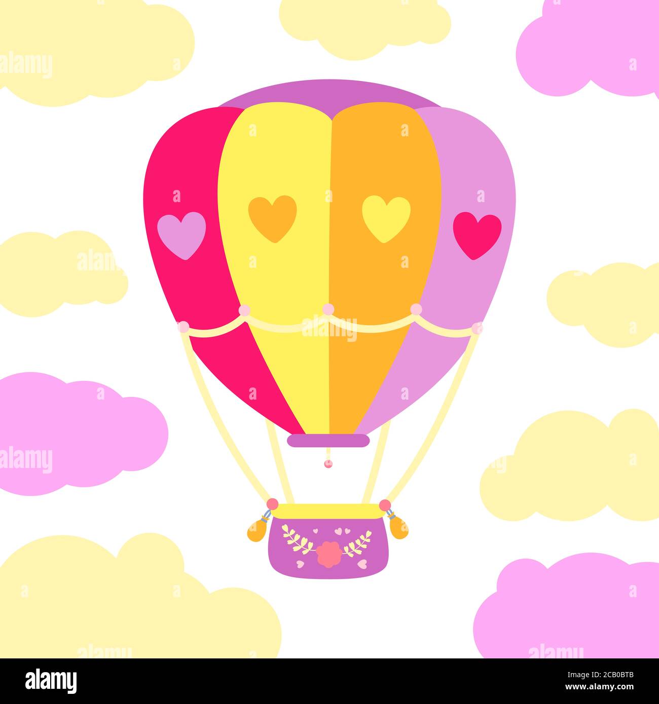 Hot air balloon flat card. Heart colored air transport with clouds ...