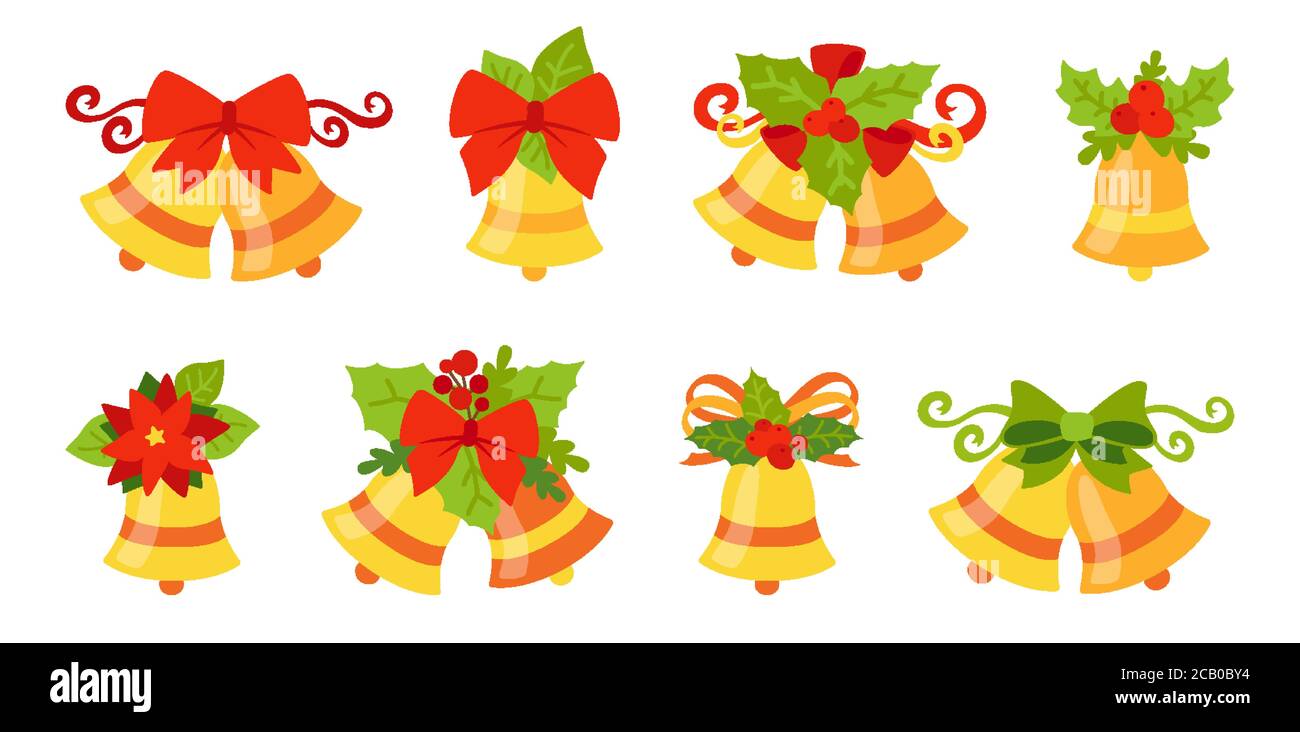 Christmas bells with bows and holly set. Holiday golden metal campane ...