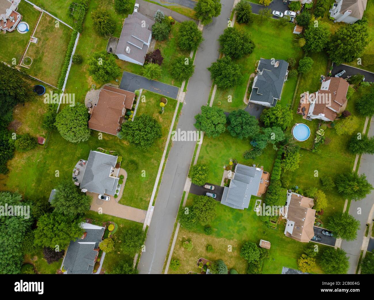Aerial view over showing neighborhood family private houses NJ USA ...