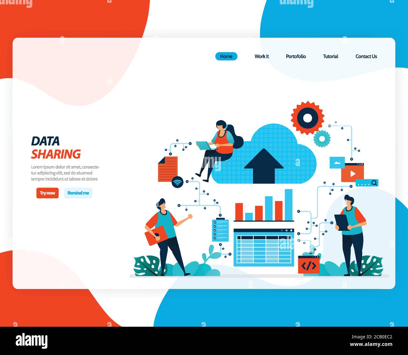 vector cartoon illustration of data sharing technology, remote worker ...