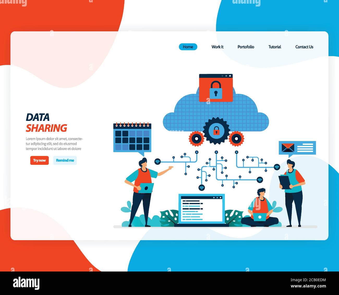 vector cartoon illustration of data sharing technology, remote worker ...