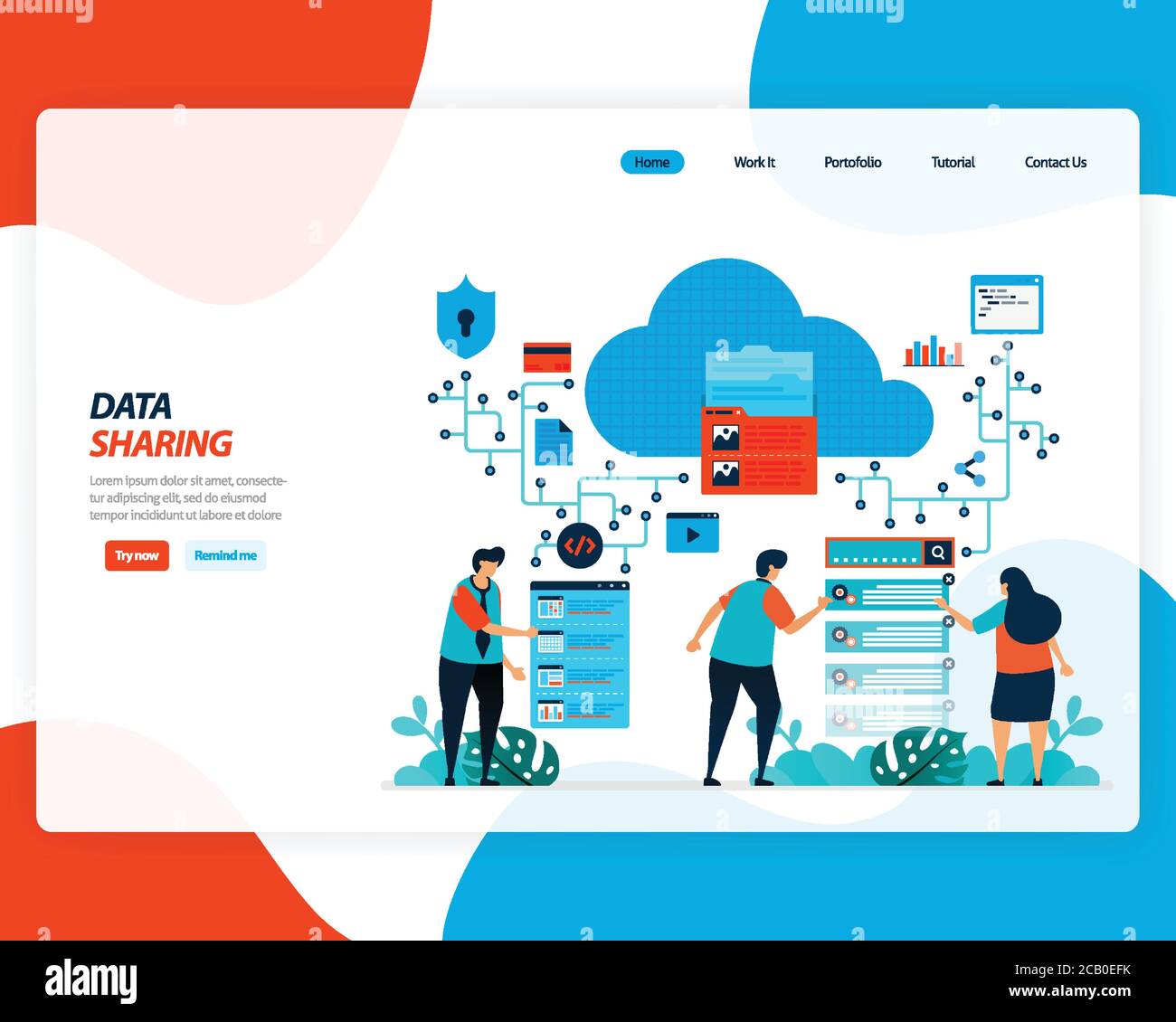 vector cartoon illustration of data sharing technology, remote worker ...