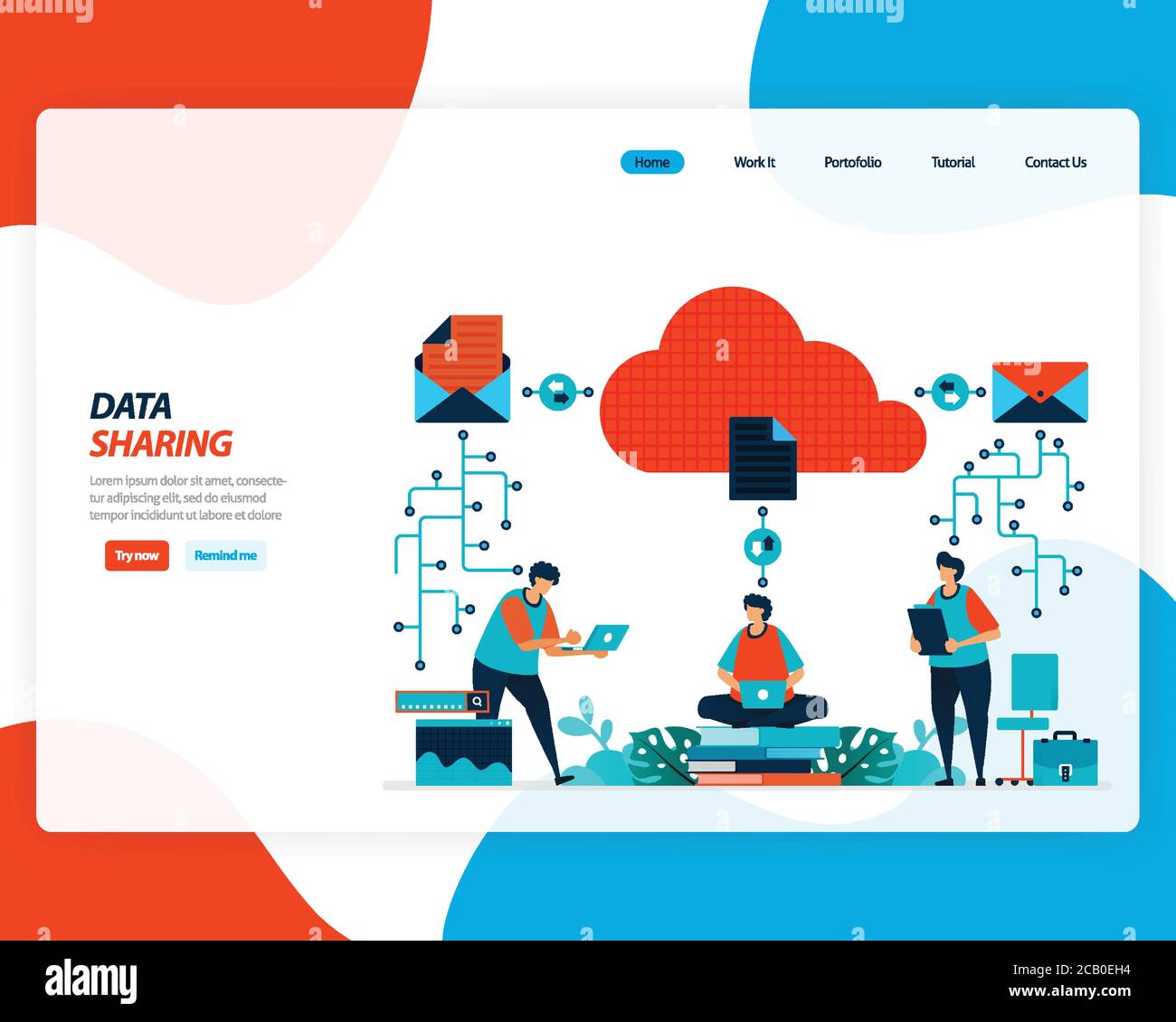 vector cartoon illustration of data sharing technology, remote worker ...