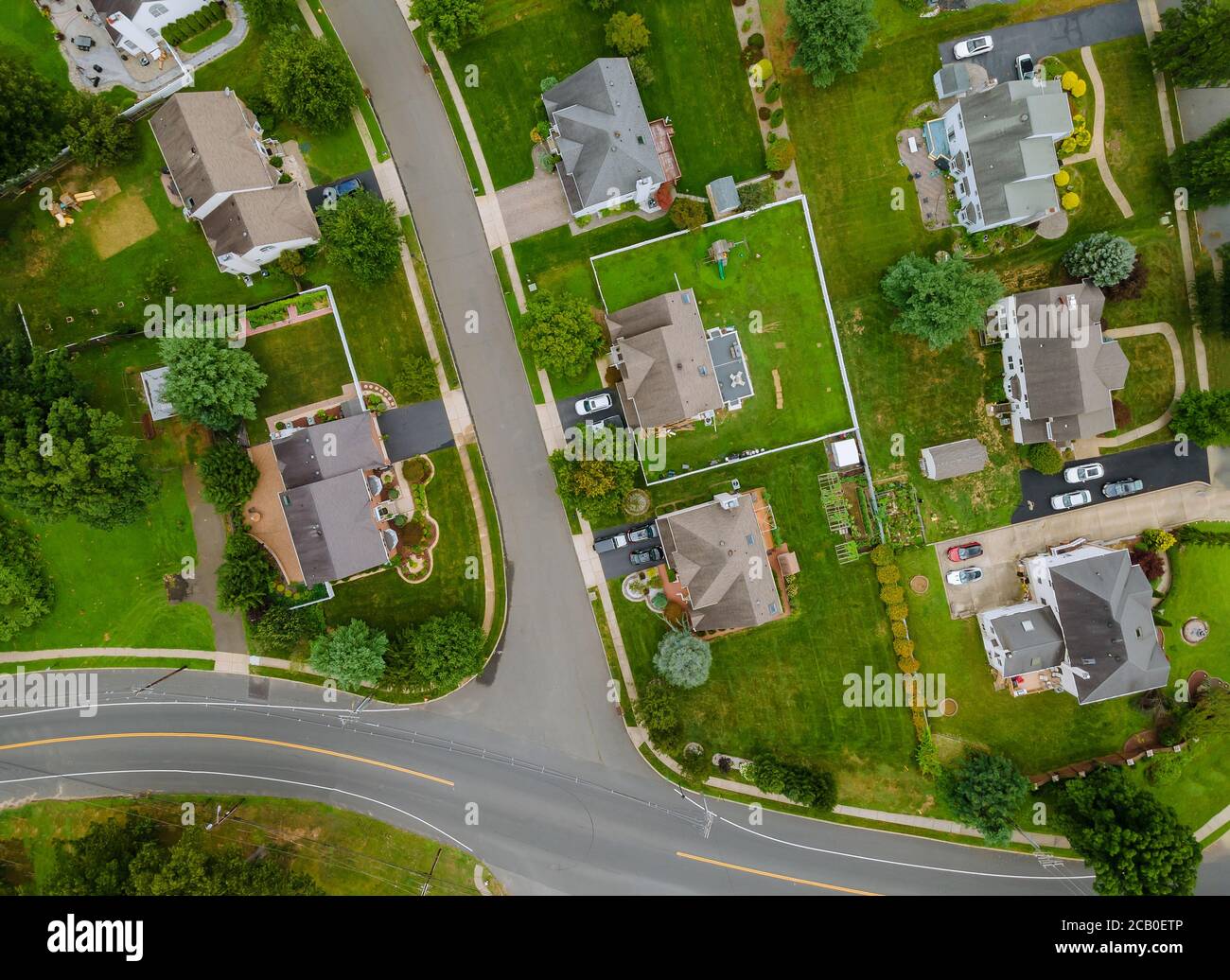 Landscape scenic aerial view of a suburban settlement in USA with ...