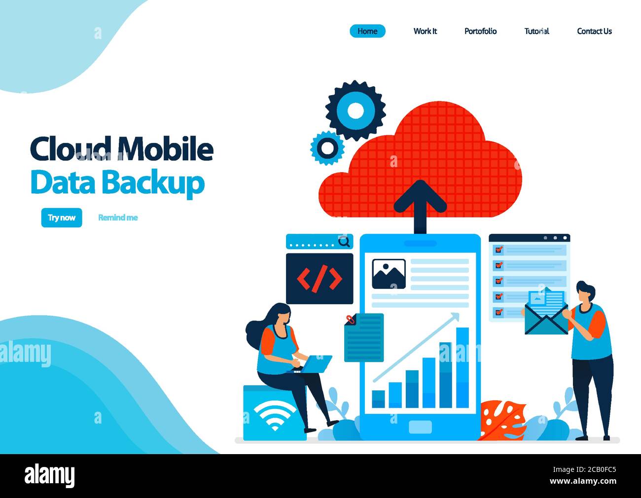 landing page template of backup mobile work data and personal documents to cloud computing ...