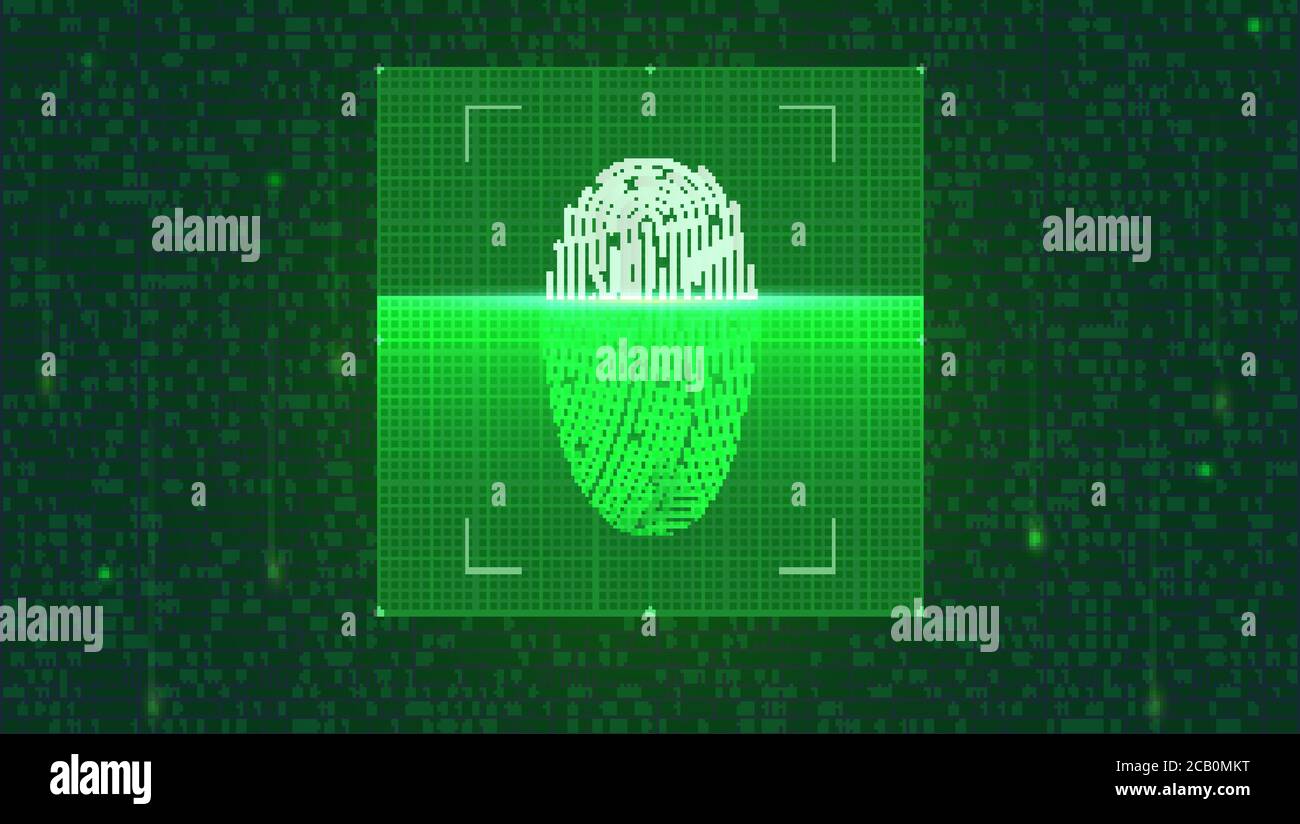 Fingerprint scan on screen in digital matrix. Concept of biometric control. Security and ...