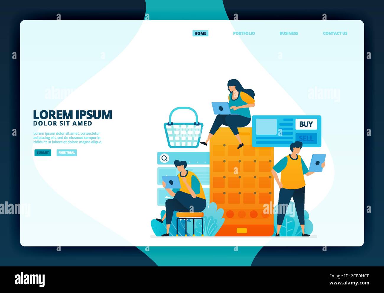 Cartoon illustration of shopping with mobile apps. Vector design for ...