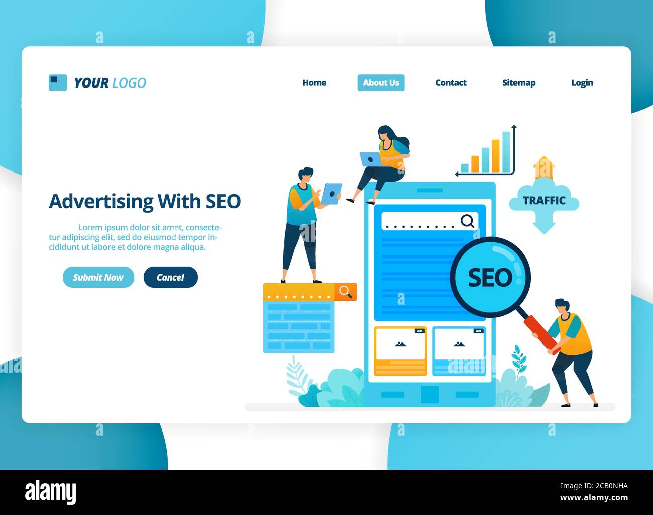 Vector landing page design of advertising with seo. Target keywords to ... Vector landing page design of advertising with seo. Target keywords to ...