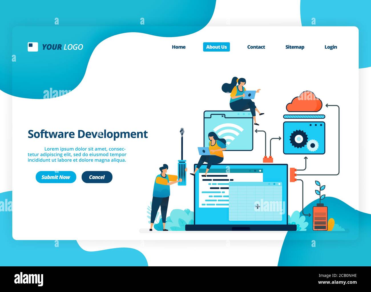 Vector landing page design of software development. Flowchart in ...
