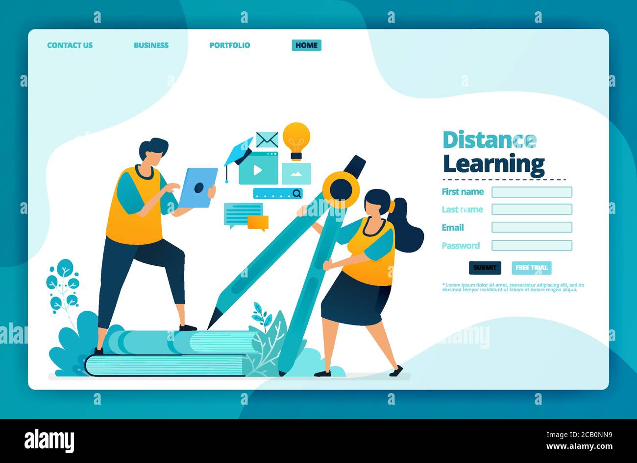 Landing page vector design of distance learning. Design for website ...
