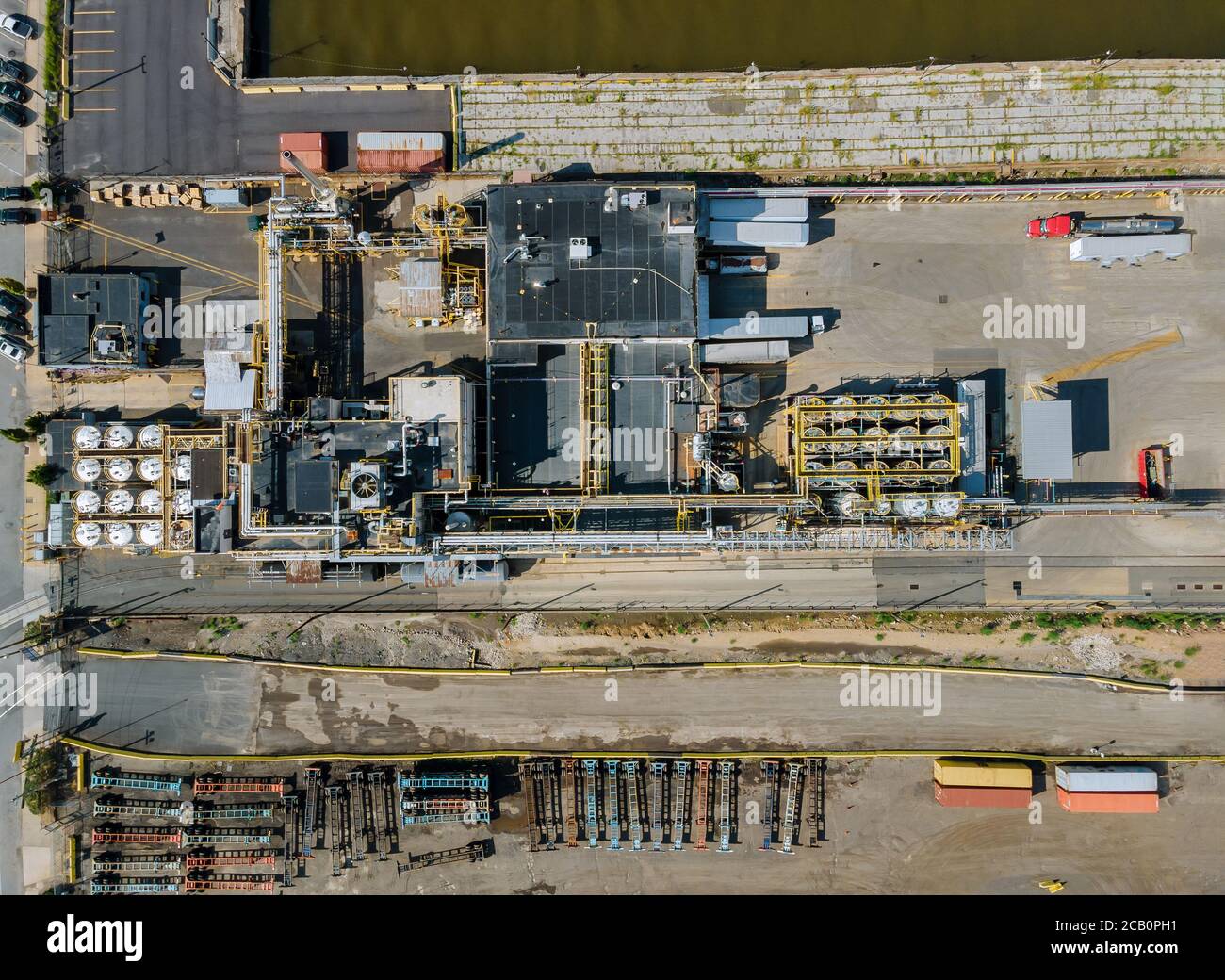 Aerial view oil gas cargo ship port at Industry refinery fuel chemical ...