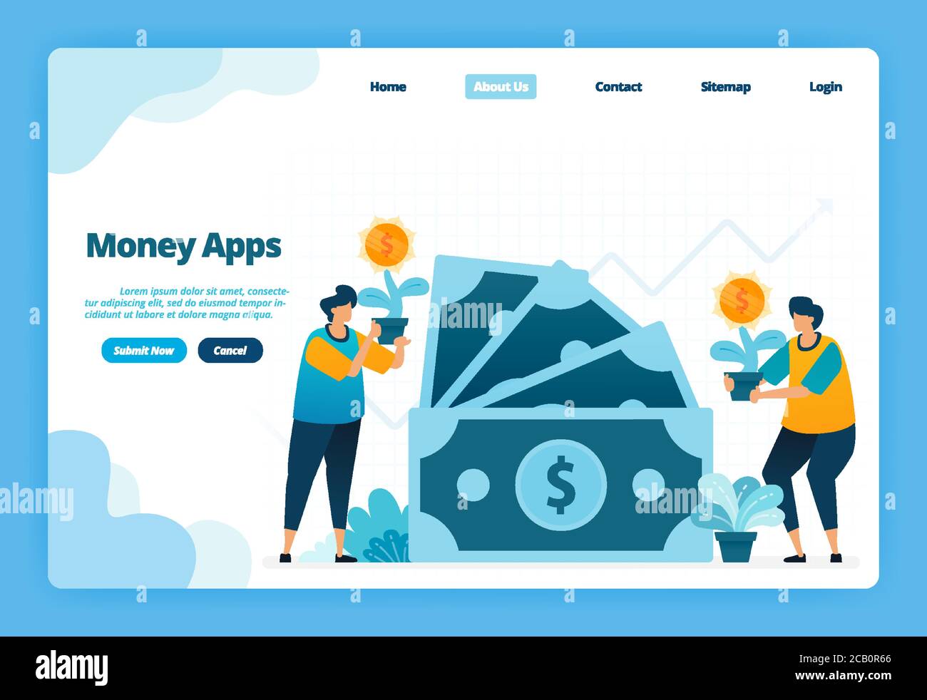 Landing page of money apps. Banking and financial investment choices ...