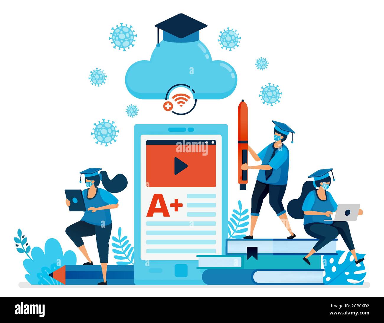 Vector illustration of new normal education and learning with mobile ...